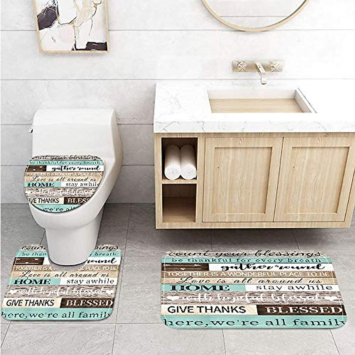 3 Pieces Education Wooden Plank Memory Foam Bath Mat Sets, U-Shaped for Bathroom Rugs, Toilet Mats, Inspirational Motivational Family Warm Words Phrases Mat Set, Non-Slip Water Absorption