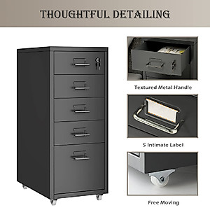 Mobile Storage Cabinet with 5 Drawers, Thickened Metal Storage Cabinet with Casters and Lock, Small Classification Storage Cabinet for Home Office and School, Black…