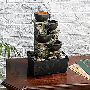 9.3 Inches 4-Tier Cascading Bowl Fountains Indoor Waterfall Fountain Relaxation Water Fountains Meditation Tabletop Fountain Artistic Desk Fountains with LED/Rocks Home/Office Decoration