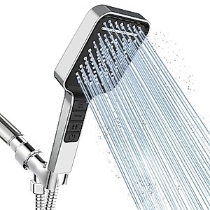 Sourog Modern Shower Head 7 DIY Sprays High Pressure Shower Head with Handheld, Detachable Shower Head with On/Off Button& Square Shower Head with 60 Chrome