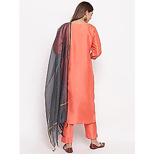 Janasya Indian Women's Peach Poly Silk Kurta with Pant and Dupatta(SET199-KR-NP-S)