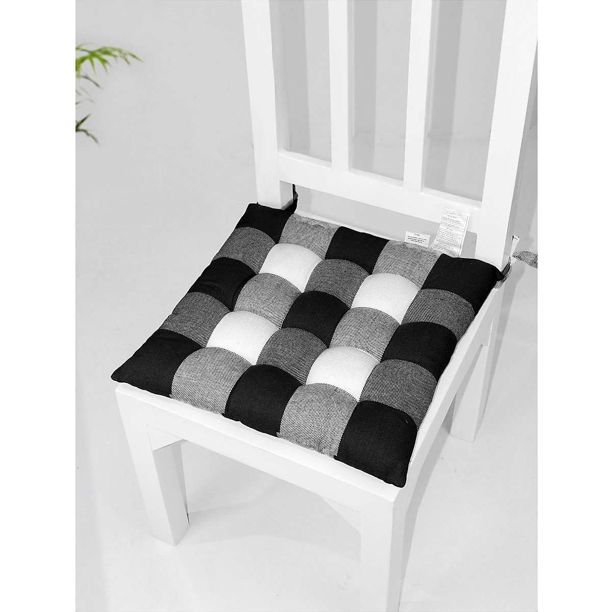 COTTON CRAFT Chair Cushion Pads - Set of 4 - Buffalo Gingham Check - Dining Kitchen Office Chair Seat Cushion with Ties - Durable Cotton Fabric - Thick Comfy Poly Fill - Indoor Use - 17x17 in – Black