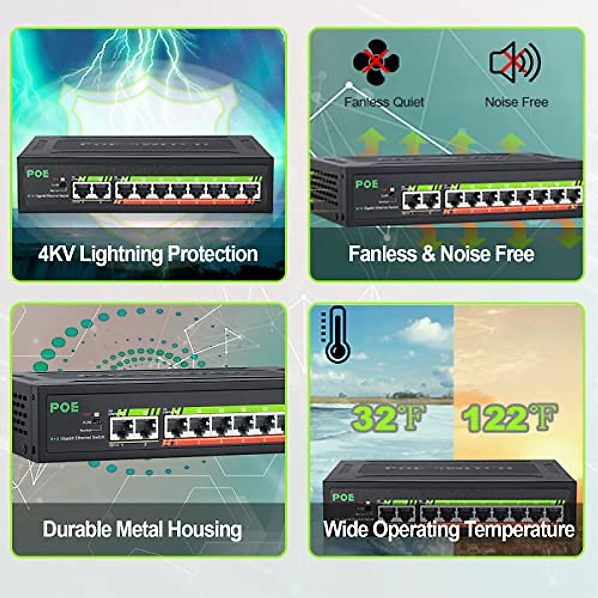 TEROW PoE Switch, 10 Port Gigabit Ethernet Network Switch( 8 PoE+ Port with 2 Extra Uplink Port), 802.3af/at Compliant | Plug & Play | Shielded Ports | Traffic Optimization | Fanless Quiet