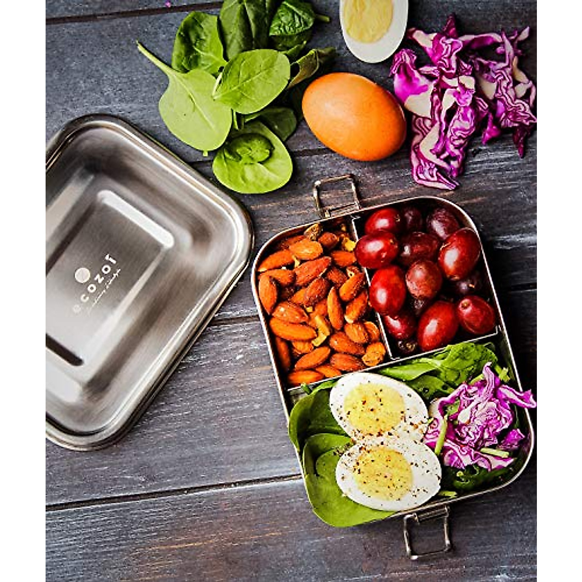 ecozoi Stainless Steel Lunch Box, Leak Proof Metal Bento Box with 3 Compartments, 35 Oz Bento Box, BPA Free Meal Prep Food Container | Bonus 50 ml Sauce Container