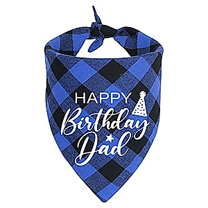 YHTWIN Funny Cute Cotton Blue Plaid Happy Birthday Dad Pet Dog Bandanas, Pet Birthday Party Decorations Supplies Dad Dog Birthday Triangle Bibs, Dog Lover Prop Pet Accessories Gift