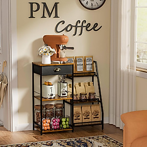 Coffee Bar Cabinet, Coffee Stand Station with Drawer for Coffee Accessories Syrup Dispenser, 3-Tier Farmhouse Coffee Table with Fence for Living Room, Corner, Kitchen, and Small Space（Rustic Brown）