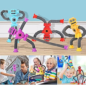 GOHEYI 4 Pack LED Pop Tubes Robot Toys, Telescopic Suction Cup Robot Toys, Robot Fidget Toys for Kids, Sensory Toys for Autistic Children, Gifts for Boys Girls