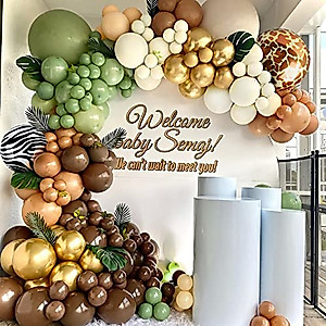 134Pcs Safari Jungle Balloon Garland Arch Kit- Sage Olive Green and Brown Balloons for Wild One Dinosaur Theme Party Supplies with Animal Print and Metallic Gold Ivory Tan Balloons for Boy Girl Lion King First Bithday Woodland Baby Shower Wedding Graduati