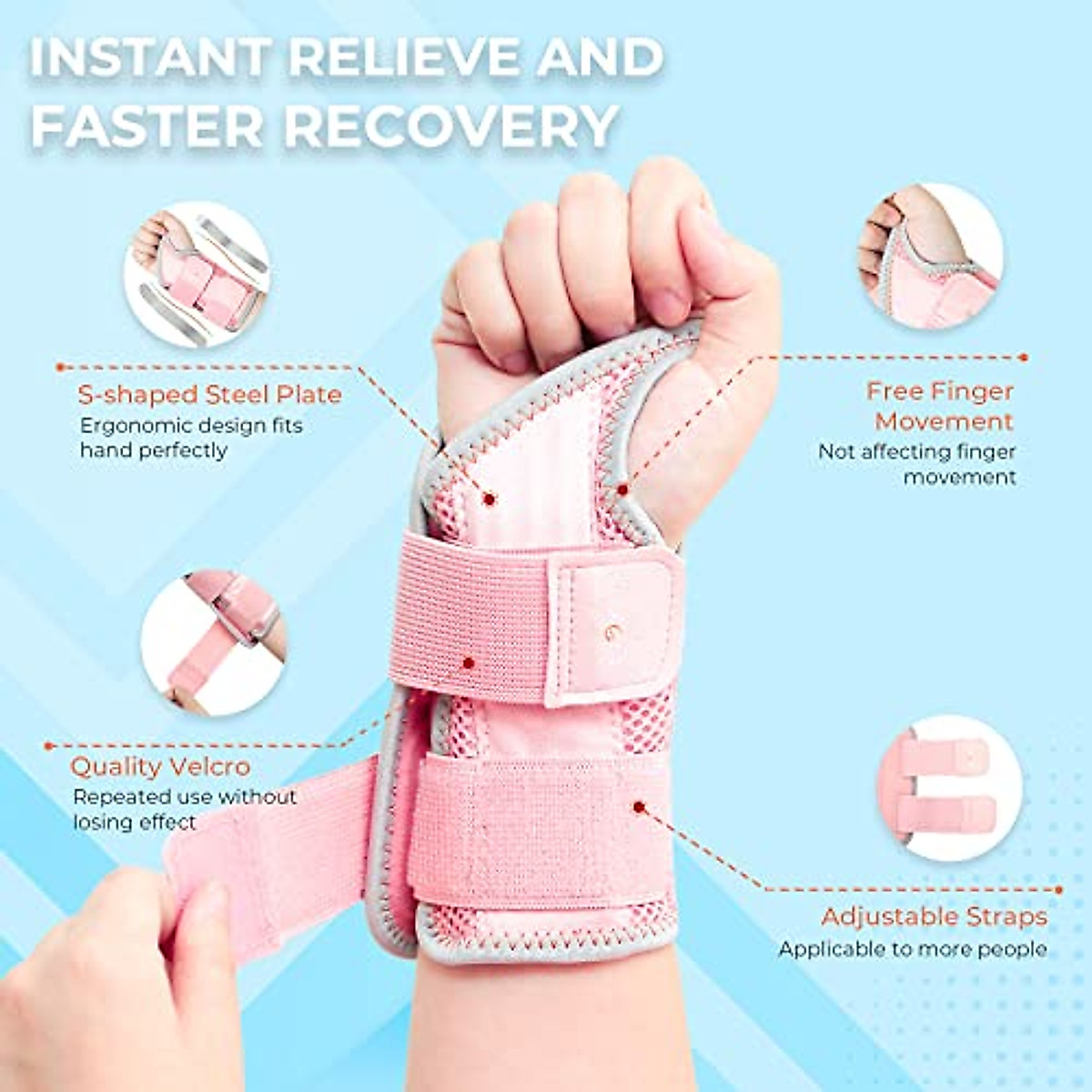New Updated Carpal Tunnel Wrist Brace, Breathable Wrist Splint for Men & Women, Wrist Brace Night Support with 2 Adjustable Straps, Hand Brace for Tendonitis, Arthritis (Right Hand-Pink, S/M)