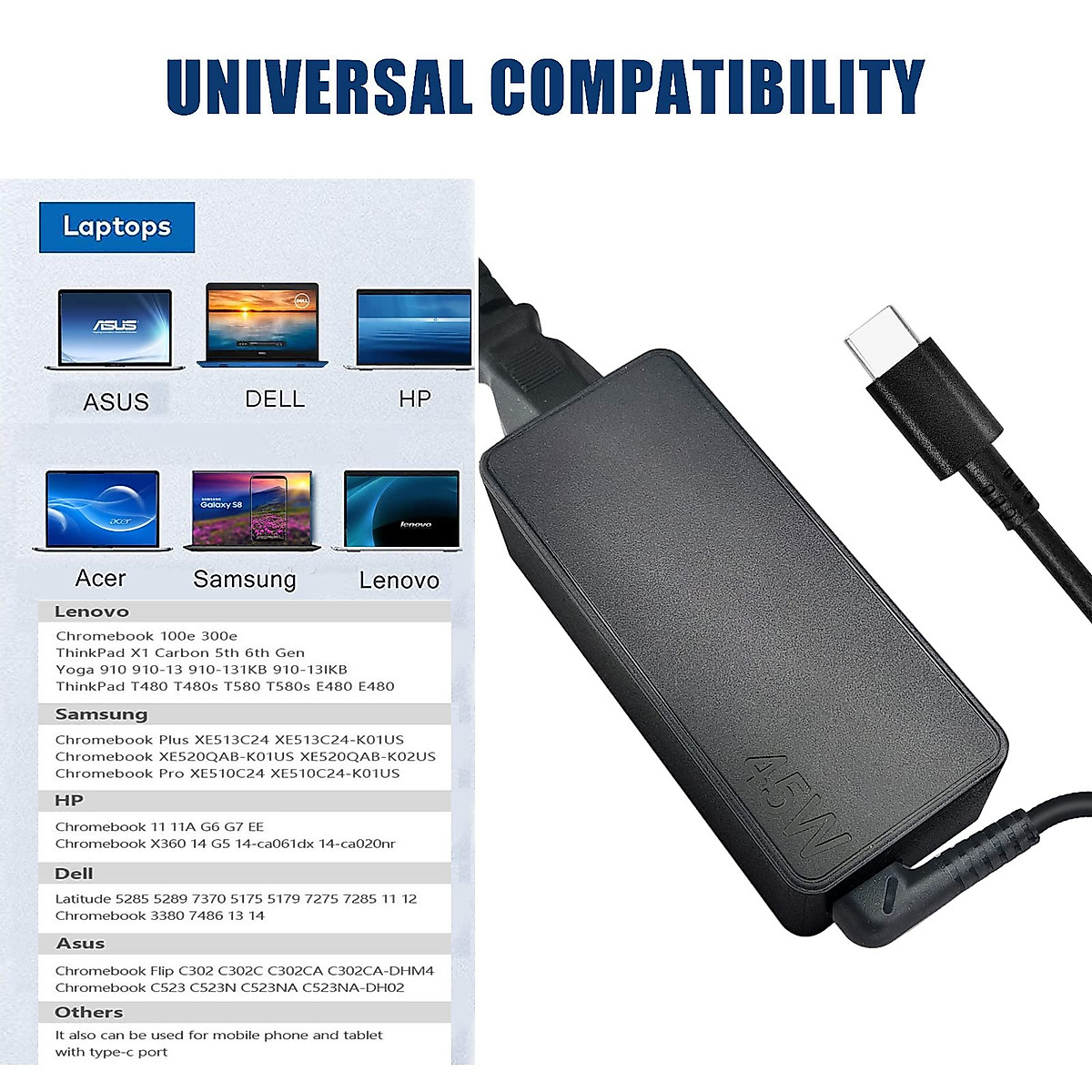 45W Type C USB C Laptop Charger Adapter Compatible with Dell XPS 13 9333 9370 9360 9350 9365 9380 Latitude 13 3380 3390 3379 7350 7368 7370 7389 7390 2-in-1 Latitude 14 5490 7490 Latitude 15 5590 7569