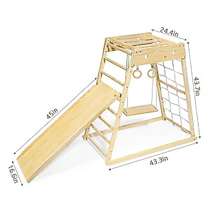 Climber,Indoor Playground Wood Playset 7-in-1 with Jungle Gym, Ramp, Slide, Swing, Swedish Ladder, Pine Wood, Rock Wall Dome for Kids Ages 1+