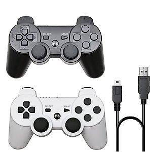 Rzzhgzq 2 Pack PS3 Wireless Controller Playstation 3 Controller Wireless Bluetooth Gamepad with USB Charger Cable for PS3 Console (Black+White)