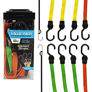 SMARTSTRAPS - 215 SmartStraps Bungee Cords (10pc Value Pack) – Secure Luggage, Coolers and Other Light Loads for Transport – Flat Strap Bungee Cords Distribute Load to Reduce Slipping