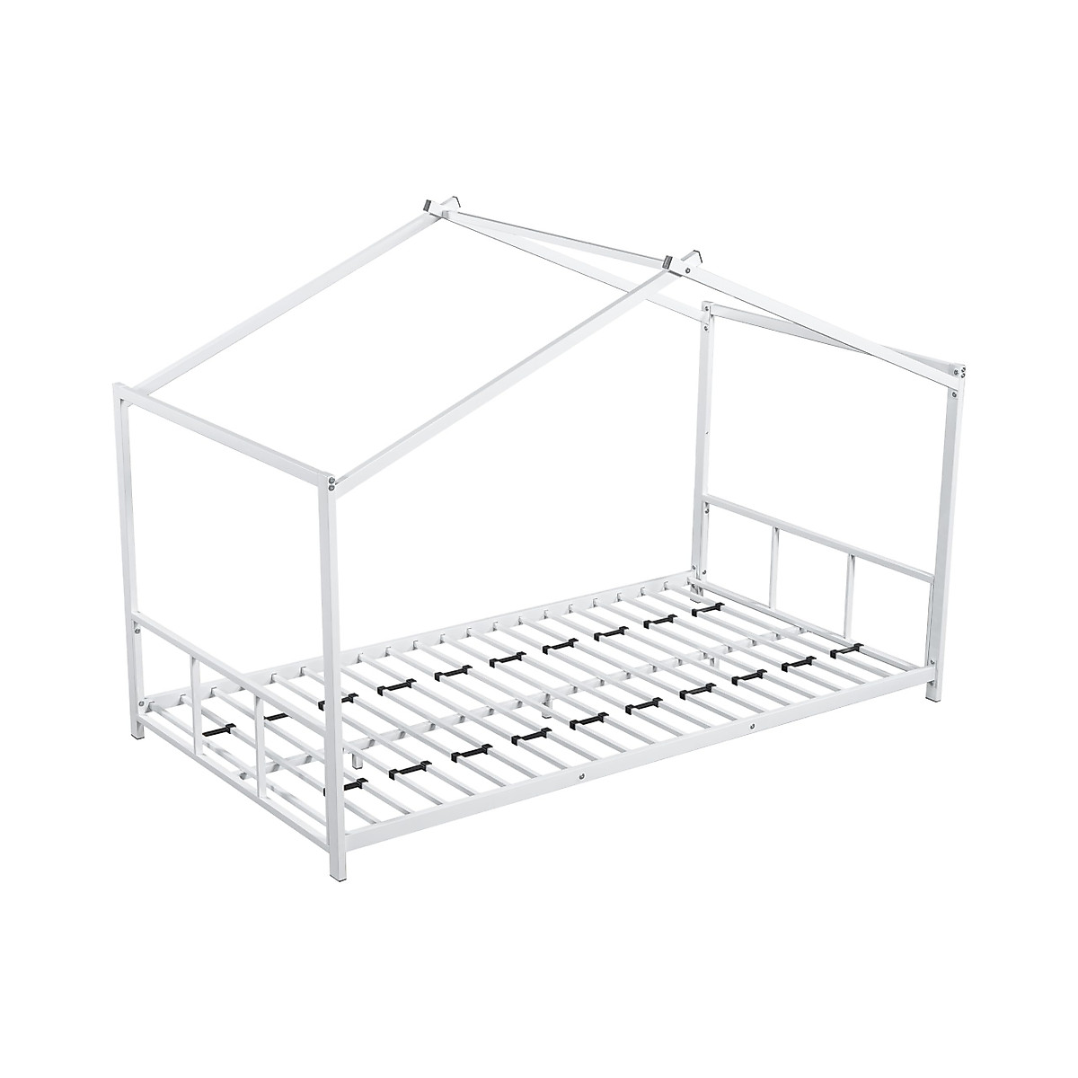 Wakefit Twin Size Montessori Floor Bed with Headboard and Footboard, Metal House Bed Frame with Soundproof Strip for Children, Toddlers, Boys, Girls Bedroom, Kids Playroom, No Box Spring Needed(White)