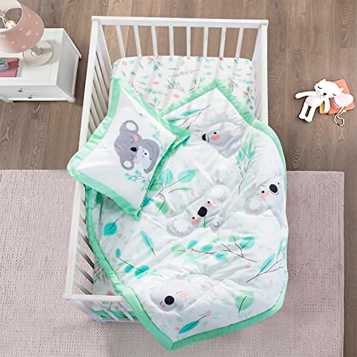 Little Grape Land 4 Piece Crib Bedding Set, Crib Sheet, Crib Skirt, Baby Quilt and Pillow Cover, Nursery Bedding Set, Baby Comforter Set for Toddler, Kids, Boys and Girls, Green Koala