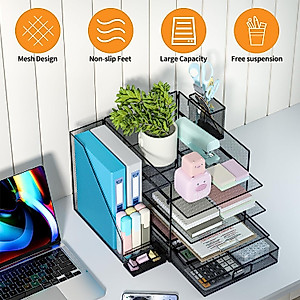 Desk Organizer, File Organizer for Desk with Vertical File Folder Holders, 4-Tier Paper Letter Tray with Sliding Drawer and Pen Holder, Desk Accessories & Workspace Organizers for Office School Home