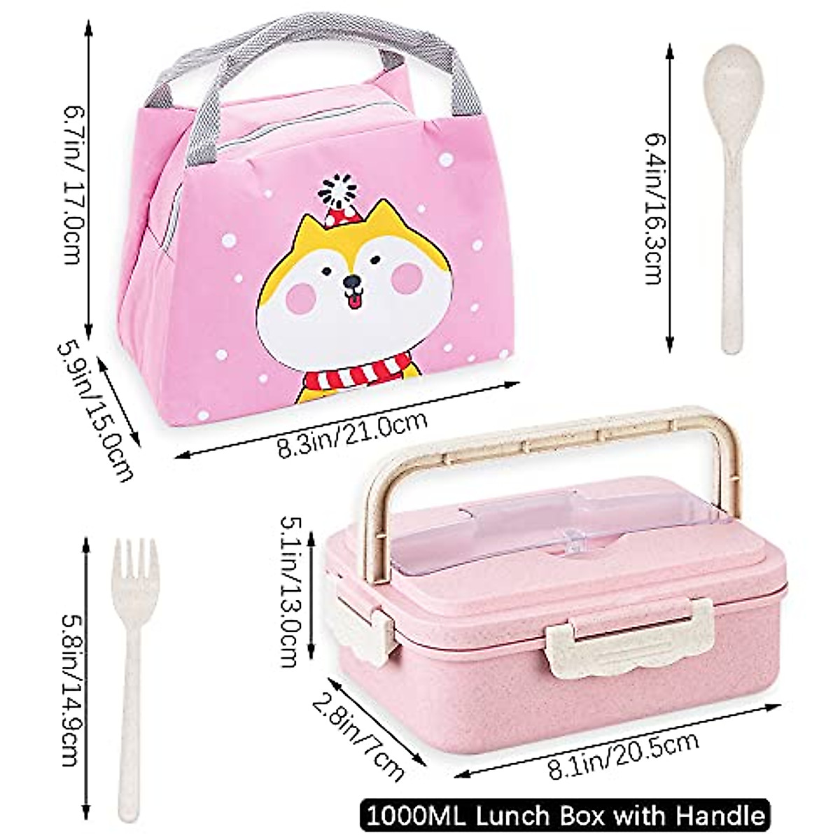 SITAKE Bento Box and Lunch Box for Kids, Come with Lunch Bag, Spoon and Fork, Microwaveable Wheat Straw Lunch Containers, Japanese-style 33.8oz/1000ml Lunchbox for Adults (Pink)