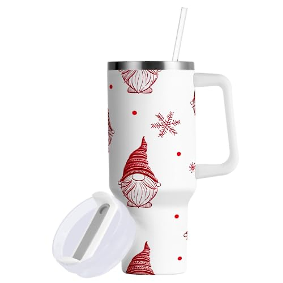 RPLIFE Christmas Gnomes White Tumbler with Handle and Straw, Stainless Water Bottle, Coffee Cups with Lids Reusable