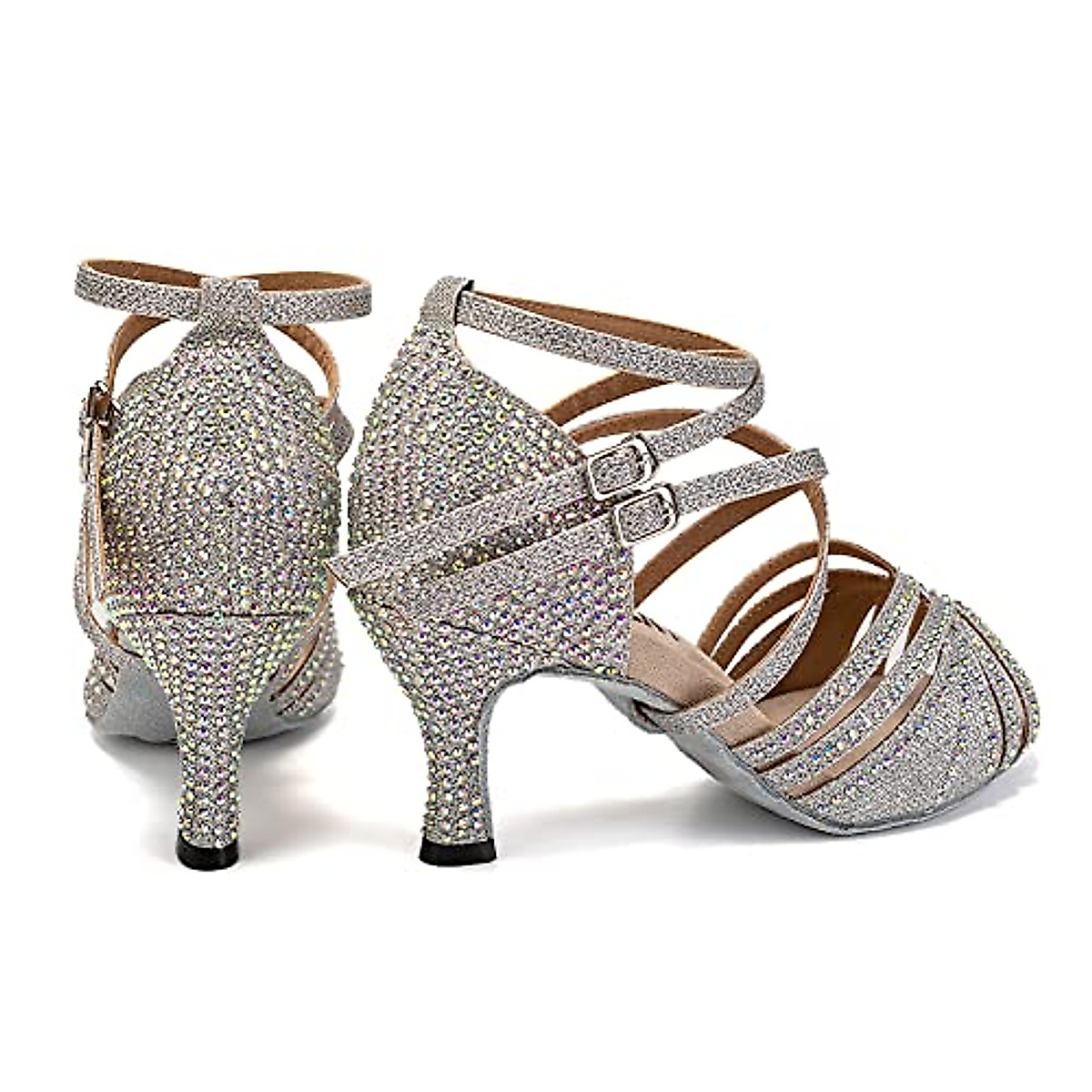 RUYBOZRY Latin Dance Shoes for Women Rhinestones Open Toe Salsa Bachata Performance Ballroom Dancing Shoes,YC-D27-Suede sole-7.5,Silver,US 8