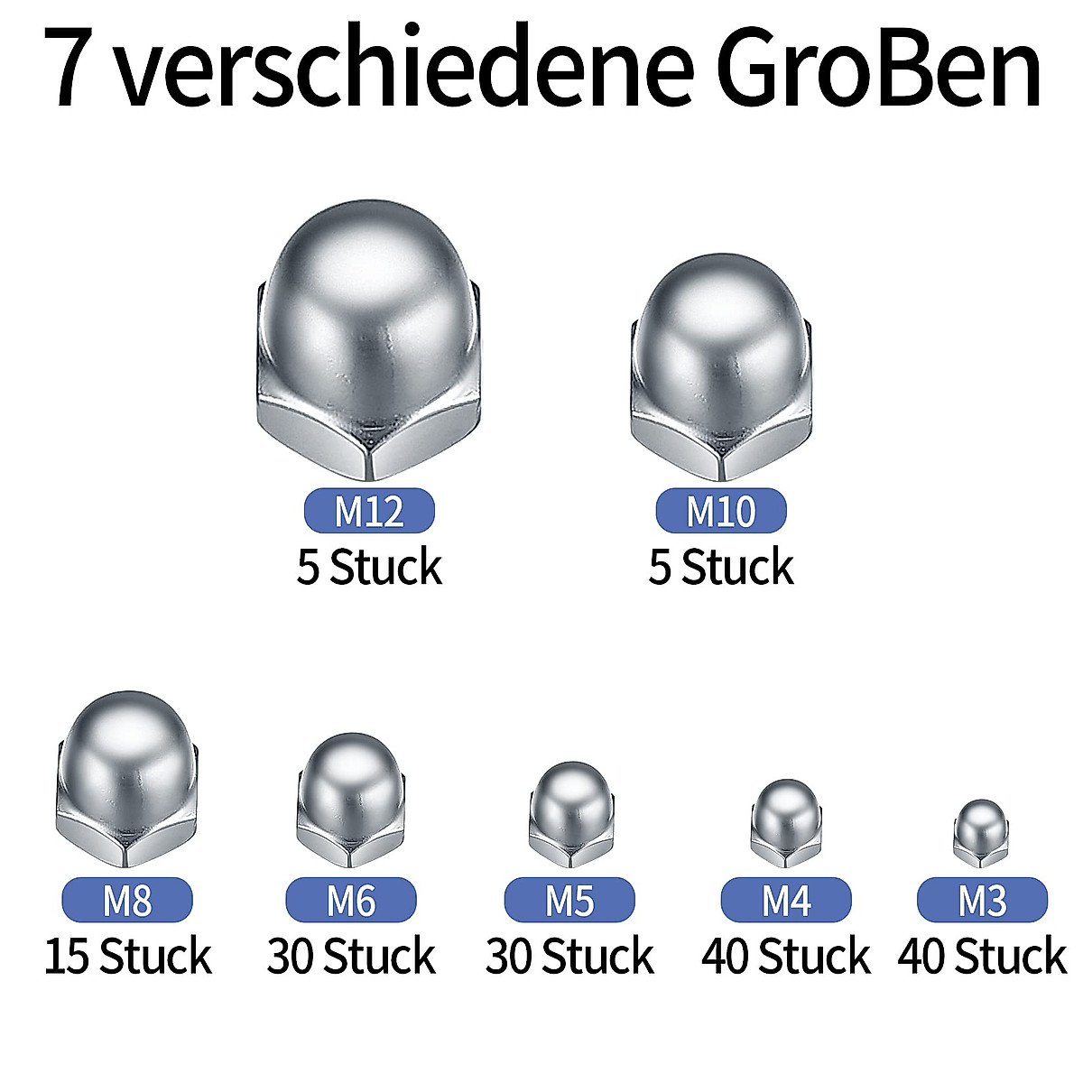 Hex Acorn Bolt Covers, 165pcs Acorn Cap Nuts, Black Dome Nut Caps, Stainless Steel Dome Acorn Bolt Cup Nuts Protector Caps for Protection Threads Rods Bolts, M3 M4 M5 M6 M8 M10 M12 (Silver)