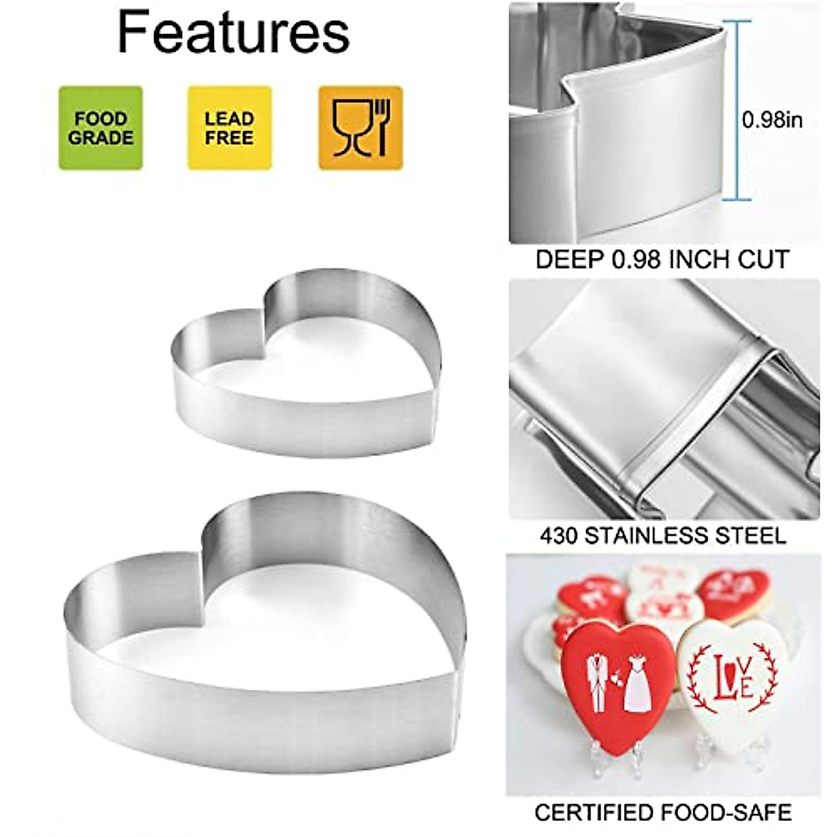 5 Pieces Heart Cookie Cutter 3.95", 3.35", 2.75", 2.36",1.37" Valentine’s Day Cookie Cutters for Baking and Decorating Anniversary, Bridal, Engagement and Valentine