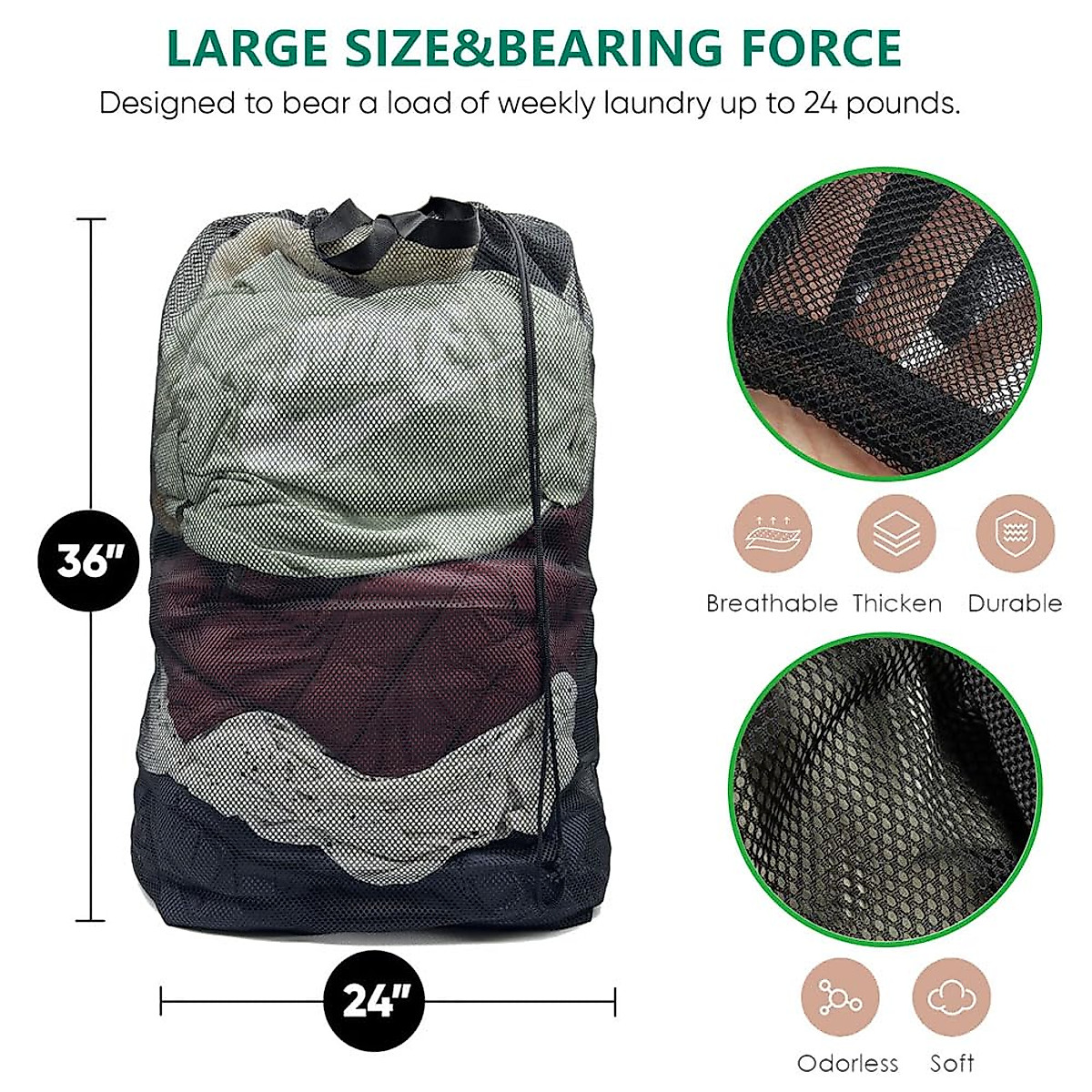 2pcs Black Large Mesh Laundry Bag Comes With 6 pcs Reusable Laundry Balls, 24×36inch Heavy Duty Mesh Laundry Bags Drawstring Lockable, Machine Washable, for Travel,Storage（Double handle grip strap）