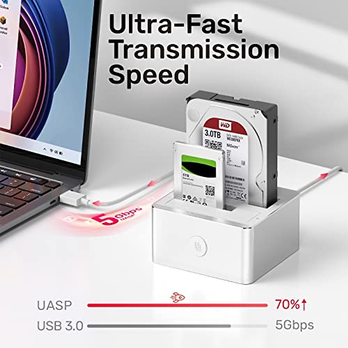 Unitek Aluminum USB 3.0 to SATA Dual Bay External Hard Drive Docking Station with UASP for 2.5 / 3.5-inch HDD SSD, Hard Drive Duplicator/Offline Clone Function (2 x 18TB Support)-Silver