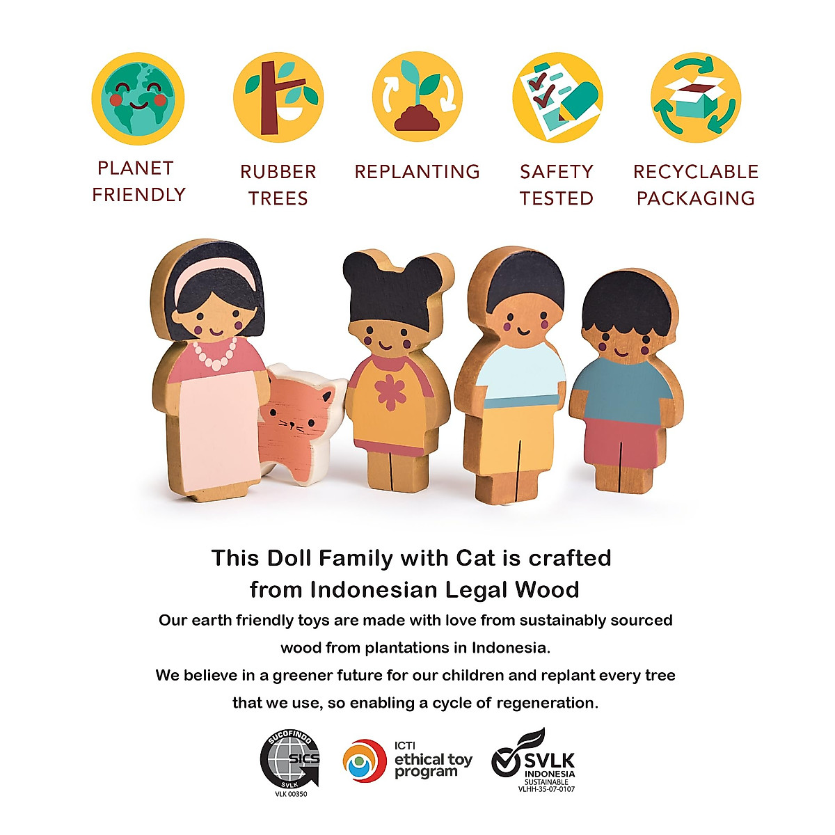 Mentari Toys - Doll Family with Cat - 5pc Multicultural Solid Wood Doll Set with Playful Kitten - Perfectly Sized for Little Hands - Encourages Imaginative Play and Social Skills - Age 12m+