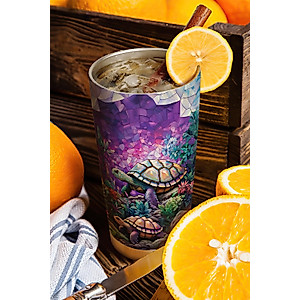 20oz Purple Stained Glass Flower Sea Turtle Tumbler, Gifts for Turtle Lovers, Ocean, Beach Gifts, Coffee Thermos for Women, Stainless Steel Double Wall Vacuum Insulated Coffee Mug, Travel Cup with Lid