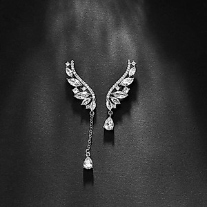Angel's Wings Cubic Zirconia Earrings for Women, Asymmetrical Teardrop Crystal Long Drop Dangle Ear Climbers Wedding Earring for Bridesmaids Brides,Elegant Rhinestone Pretty Birthday Party Prom Gifts