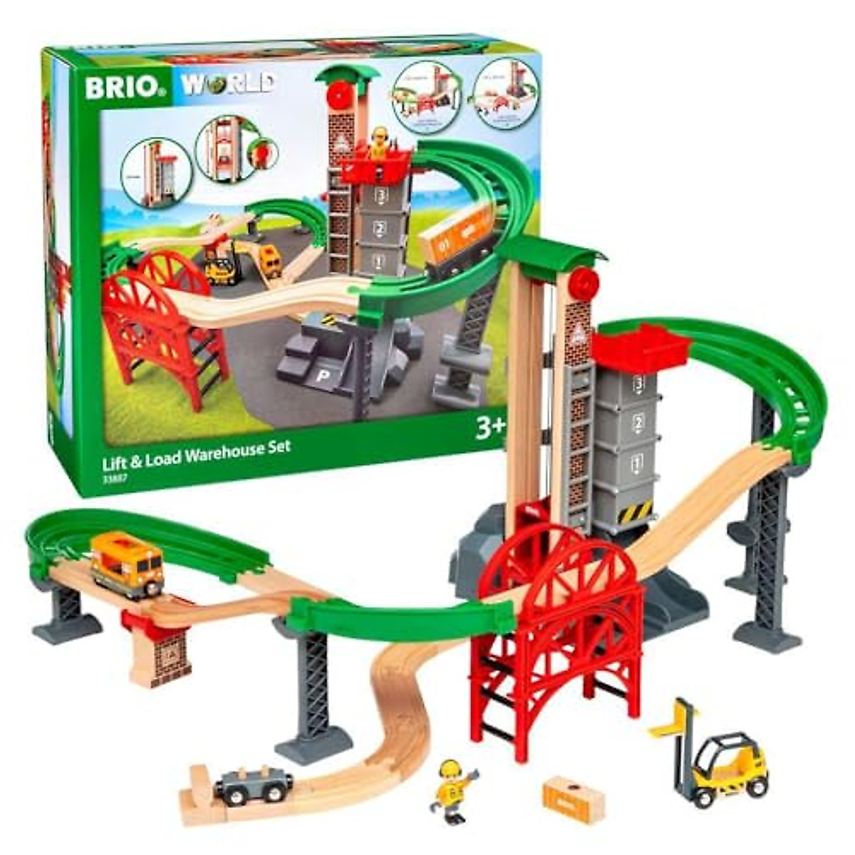 BRIO World 33887 Lift & Load Warehouse Set | 32 Piece Kids Train Toy Set with Wooden Tracks and Accessories | Interactive Design | FSC Certified Wood | for Ages 3 and Up