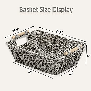 ROSOS Wicker Baskets 2 Pack, Washable Big Wicker Baskets for Storage with Wooden Handles, Waterproof Plastic Wicker Storage Basket for Shelves, Large Wicker Basket in Size 14.5"x10.6"x4.5", Grey