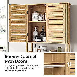 SONGMICS Over-The-Toilet Storage, Bathroom Cabinet with Adjustable Inside Shelf and Bottom Stabilizer Bar, Space-Saving Toilet Rack, Natural UBTS010N01