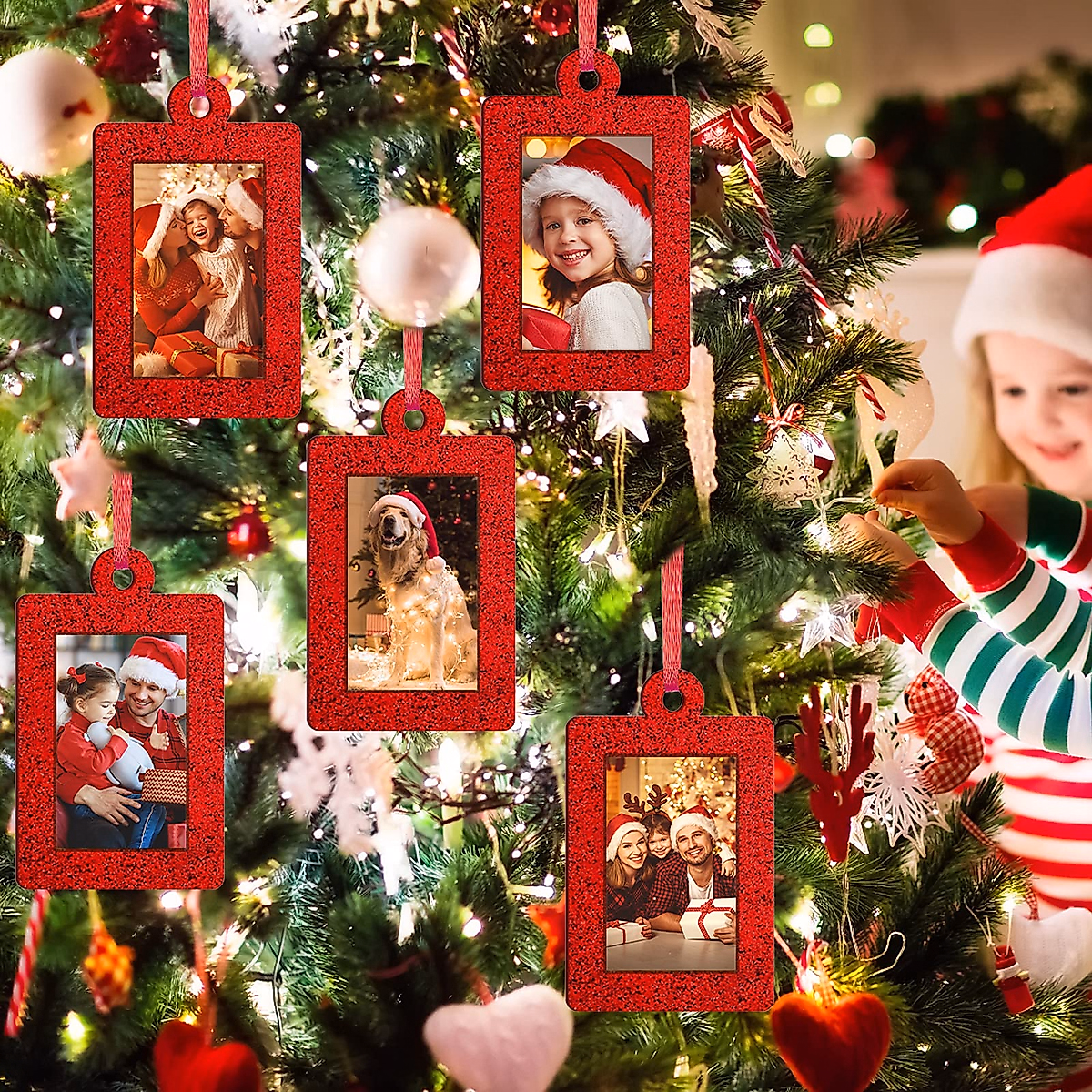 20 Pieces Christmas Photo Ornament Frames Christmas Tree Glitter Picture Frame Felt Hanging Photo Frame for Holiday Decoration (Rectangle, Red)