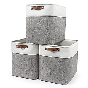 Bagnizer Large Fabric Storage Baskets | 50L Storage Bins, Decorative Linen Closet Baskets with Handles for Organizing, Shelf, Toys, Clothes, Home, Office, Nursery, 17x12x15Inches (Grey&White)