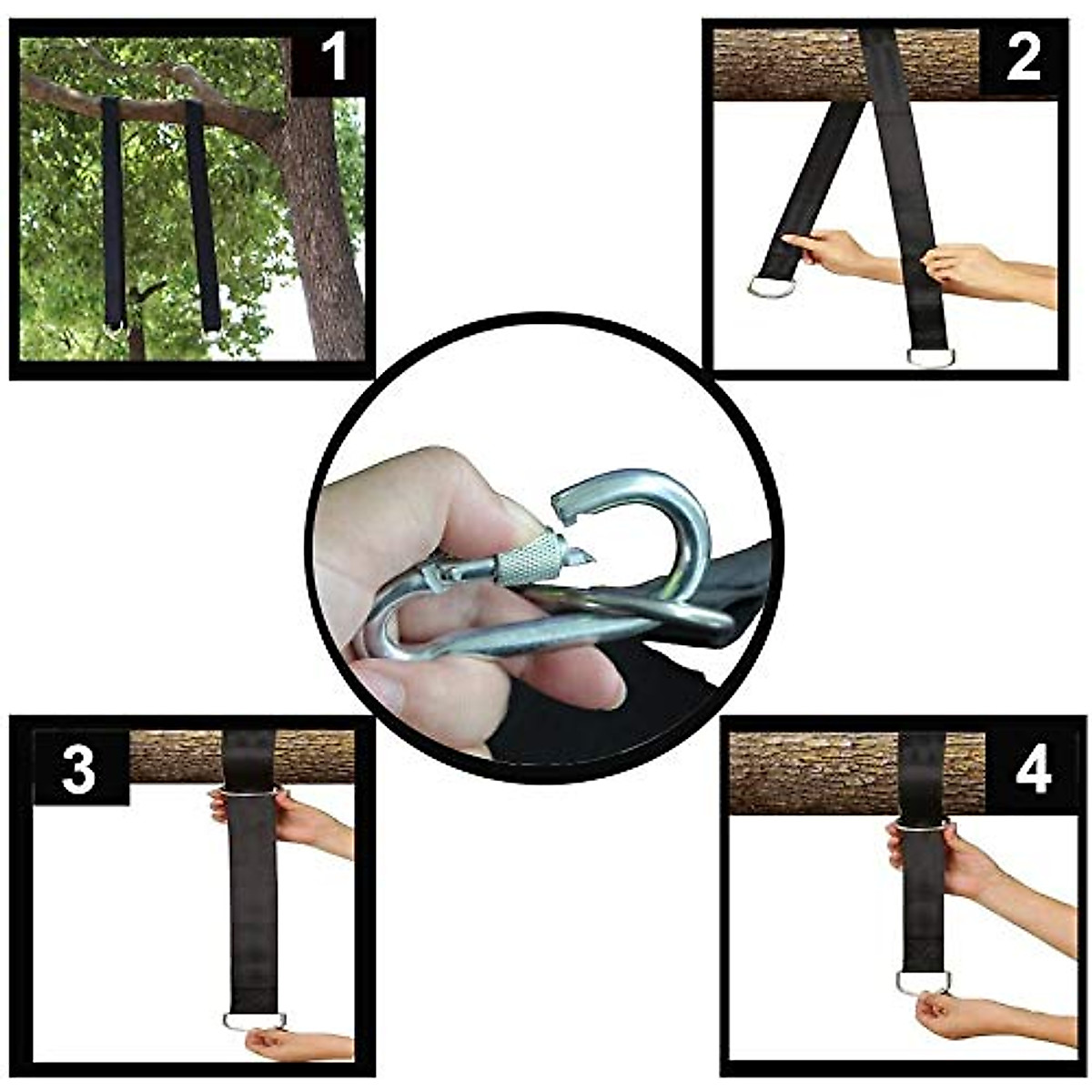 The Tree Swing Hanging Kit Holds 2100lbs, Easy & Fast Swing Hanger Installation to Tree- 4 Strap & Snap Carabiner Hook, Perfect for Swings, Hammocks & Anything Else - 100% Weather/Waterproof (4pcs)