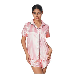 WDIRARA Women's Satin Sleepwear Short Sleeve Button Shirt and Shorts Pajama Set Silky PJ Striped Pink XL