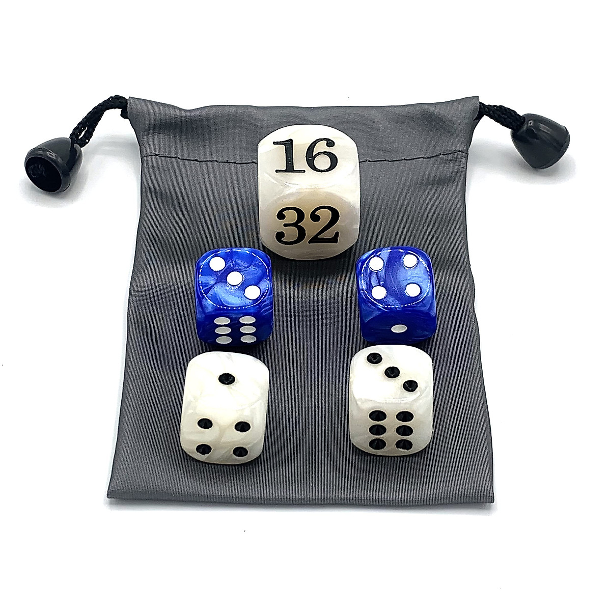 Luck Lab Backgammon Pearl Dice Set - 22 mm Doubling Cube Plus Four 16 mm Dice with Bonus Bag, Blue/White Marbelized