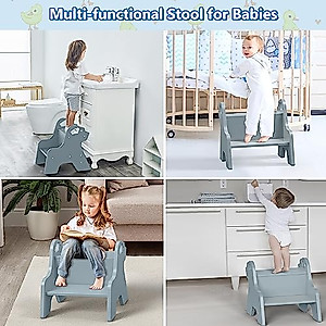 Jemyda 2 Step Stool for Kids, Toddler Step Stool for Bathroom Sink, Non-Slip Kid Stool for Toilet Potty Training, Durable Sturdy Step Stool for Kitchen (Grey Dog)