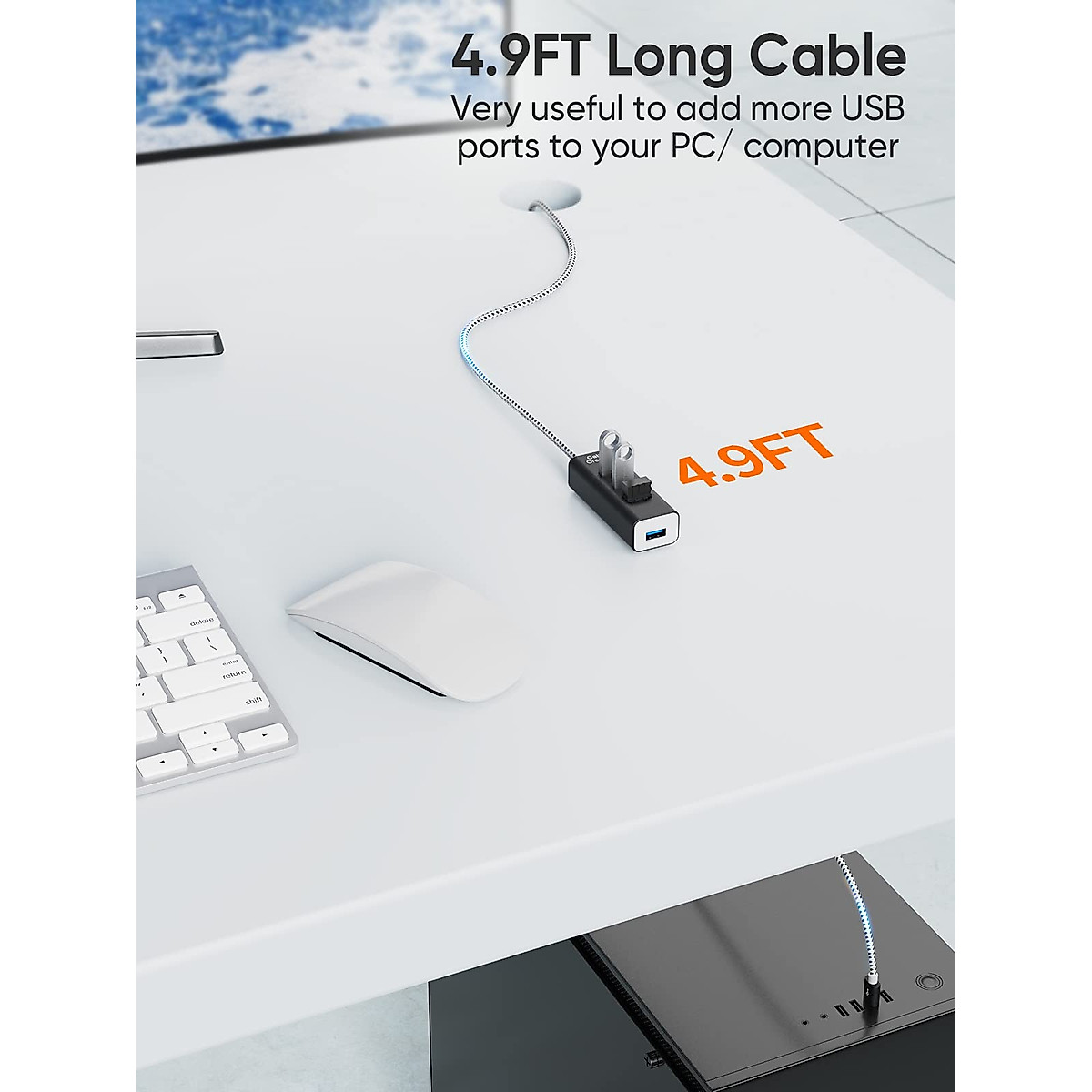 CableCreation 4-Port USB 3.0 Hub with 4.9ft Extension Cable - 5Gbps Data Rate for MacBook Pro, iMac, PC, Laptop, USB Flash Drives, Surface Pro, XPS - Aluminum Black, 1.5M