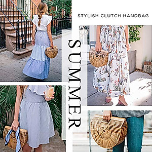 Vintga Bamboo Bags for Women Summer Straw Wooden Beach Purses Basket Handle Handbags (Small)