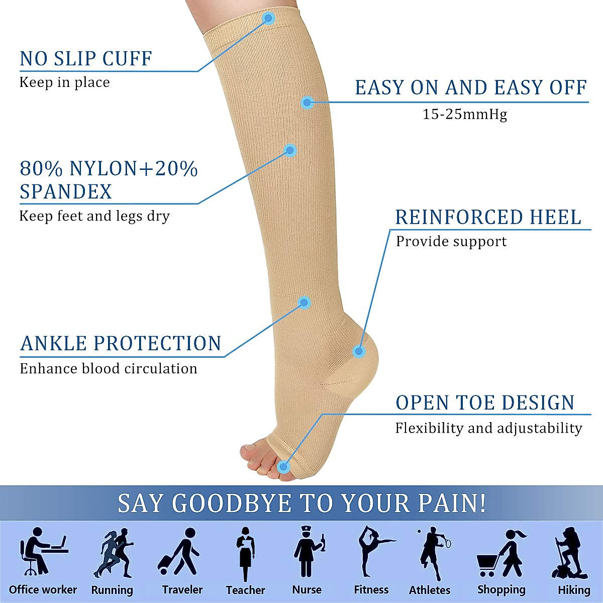 3 Pairs Open Toe Compression Socks Women Knee High Toeless 15-25 mmHg