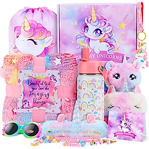 Unicorn Toys for Girls Kids Toys 5 6 7 8 9 10+ Years Old, Kids Unicorn Gifts with Glowing Blanket/ Water Bottle/ Eye Mask/Headband/Crossbody Bag/Sunglass/12PCS Birthday Gift Toys for Girls 6-10+