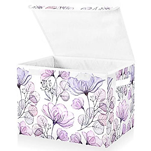 SUABO Beautiful Purple Rose Flower Storage Bin with Lid Large Oxford Cloth Storage Boxes Foldable Home Cube Baskets Closet Organizers for Nursery Bedroom Office