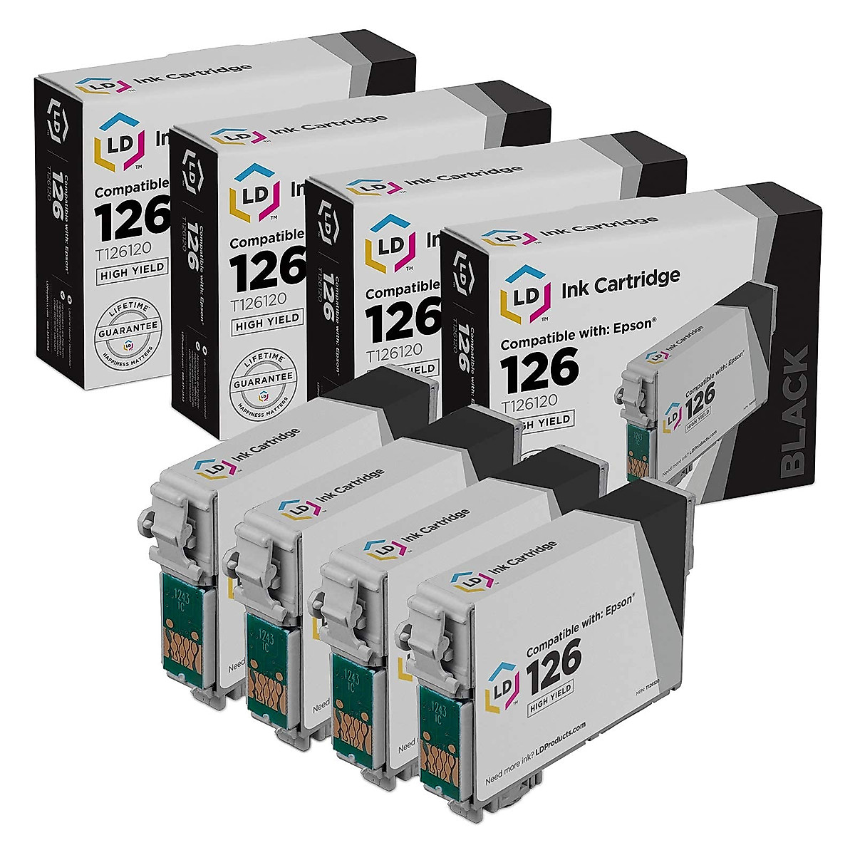 LD Remanufactured Replacement for Epson 126 Ink Cartridges T126 High Capacity Refills (Black, 4-Pack) for use in Workforce 435 520 635 645 WF-3520 WF-3530 WF-3540