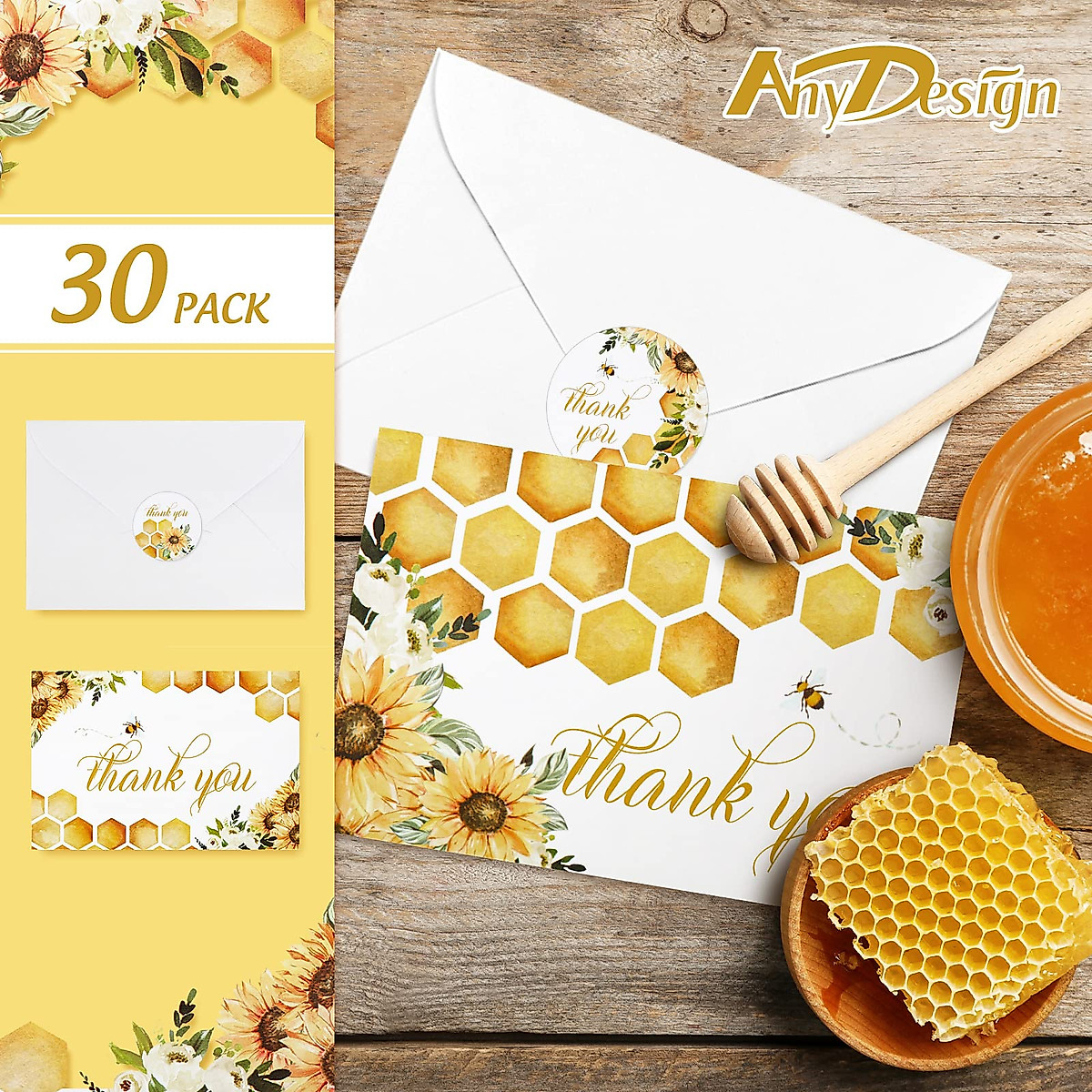 AnyDesign Sunflower Bee Thank You Cards Bulk 30 Pack Thank You Notes with Matching Seal Stickers Envelopes Blank Greeting Note cards for Wedding Baby Shower Bridal Birthday Party Invitation
