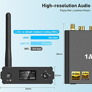 1Mii DS220 Hi-Res Bluetooth Receiver for Home Stereo w/LDAC, HiFi Bluetooth 5.1 Audio Adapter w/Audiophile DAC aptX HD, Bluetooth Receiver for AV Receiver/Amplifier, OLED Display EQ Mode