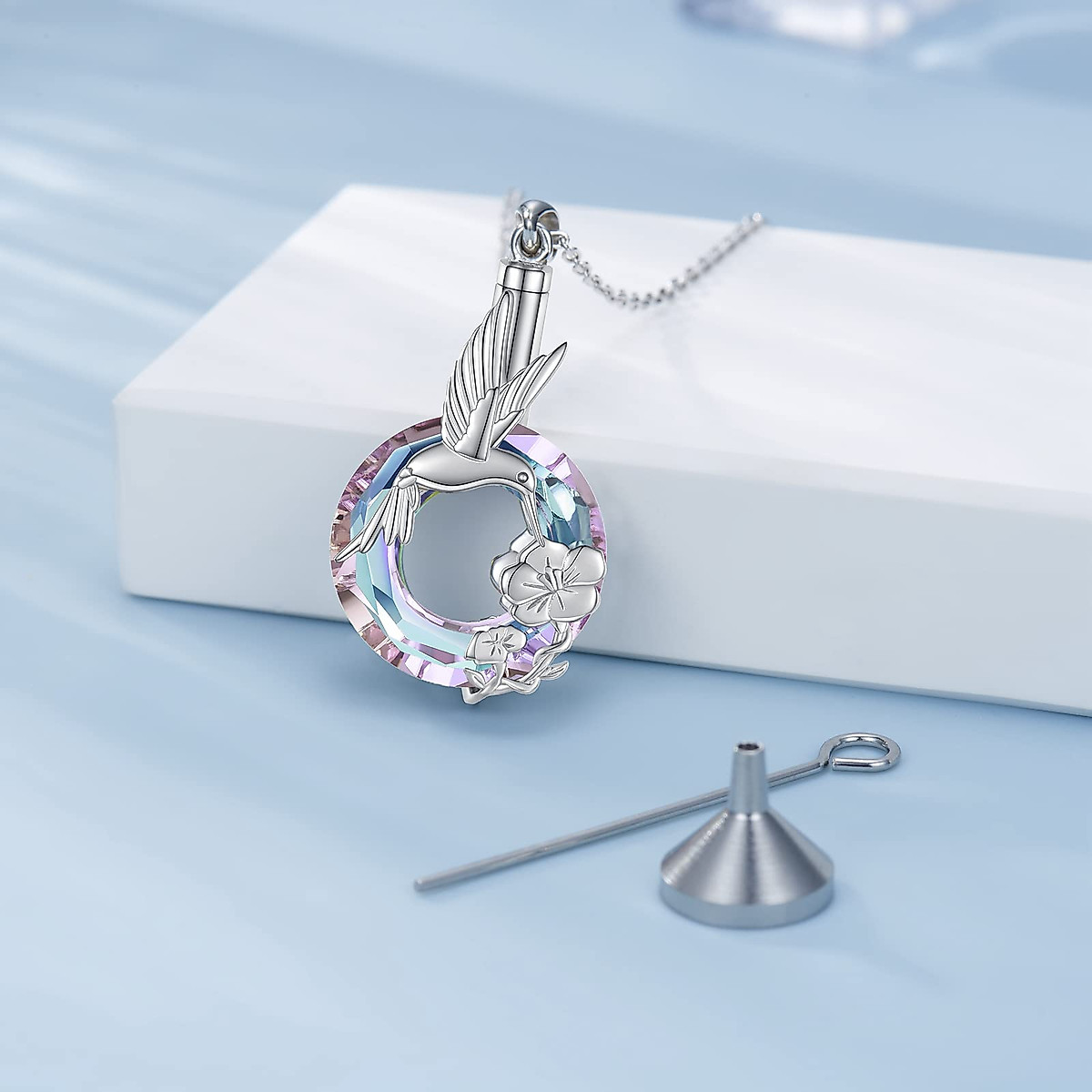 925 Sterling Silver Butterfly Hummingbird Rose Urn Necklace for Ashes Crystal Cremation Pendant Memorial Jewelry for Women (Hummingbird (Purple))