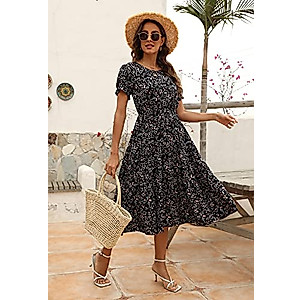 NAVINS Women Floral Print Puff Sleeve Tiered A-Line Swing Midi Dress with Pockets NA1002 (L,Black Print)
