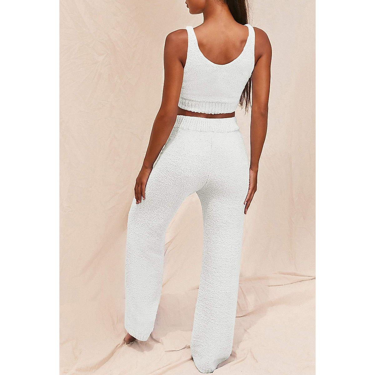 Fixmatti Women's Fuzzy 3 Piece Sweatsuit Open Front Cardigan Crop Tank Tops Wide Legs Pants Lounge Sets (Small, 1-White)